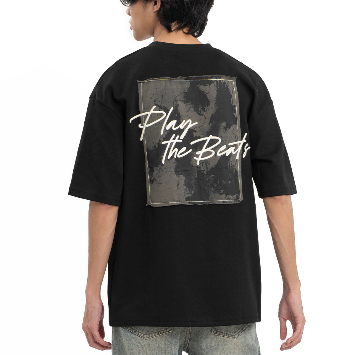 Select Slogan Printed Patched Oversized Tee- Black – DRUM